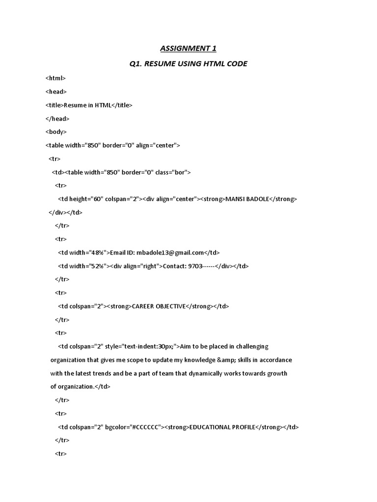 Assignment 1 Q1. Resume Using HTML Code | PDF | Net Beans ...