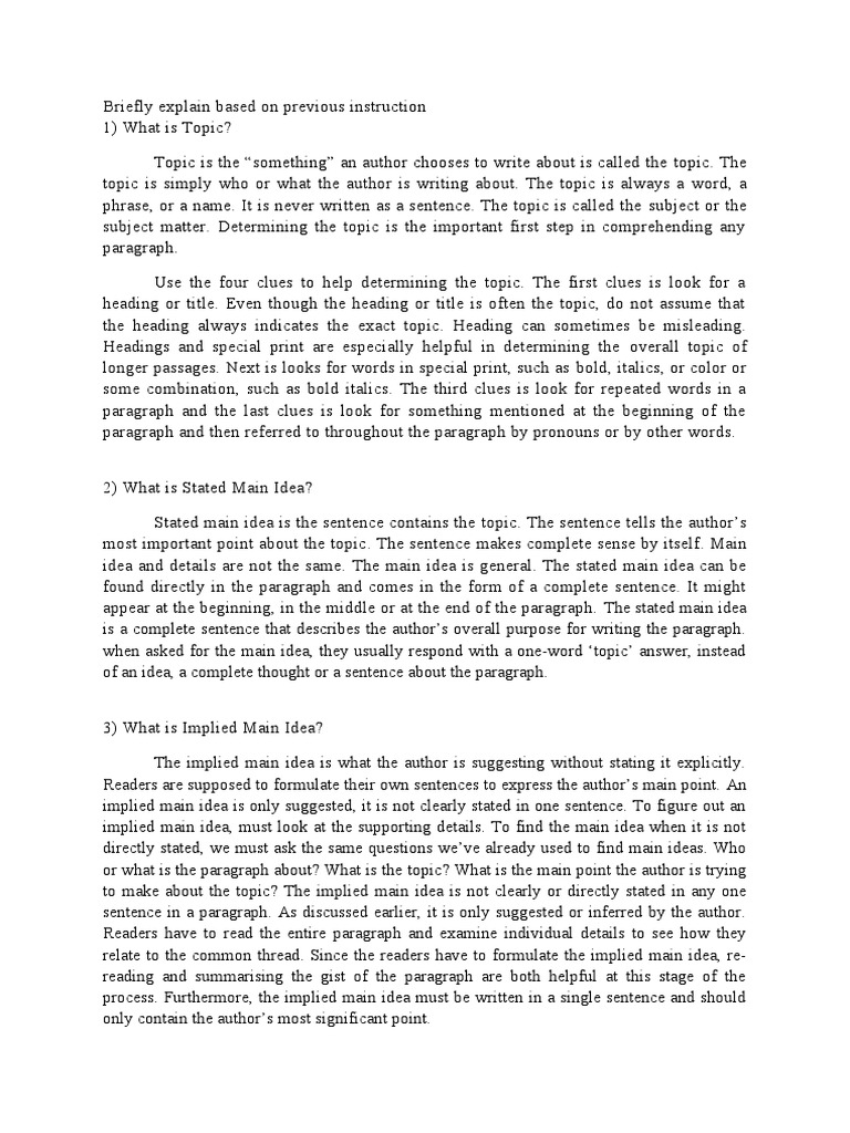 Topic, Stated Main Idea and Implied Main Idea | PDF | Sentence ...