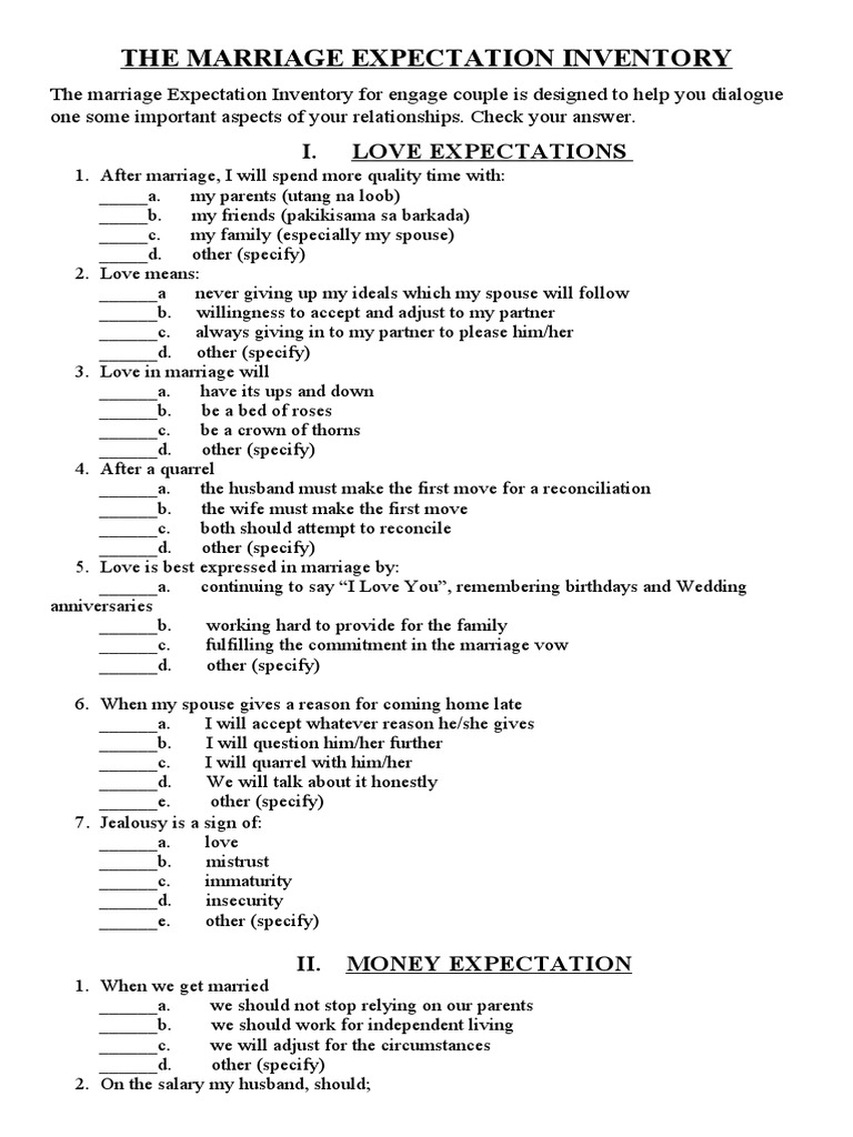 Marriage Expectation Inventory Guide | PDF | Wife | Marriage