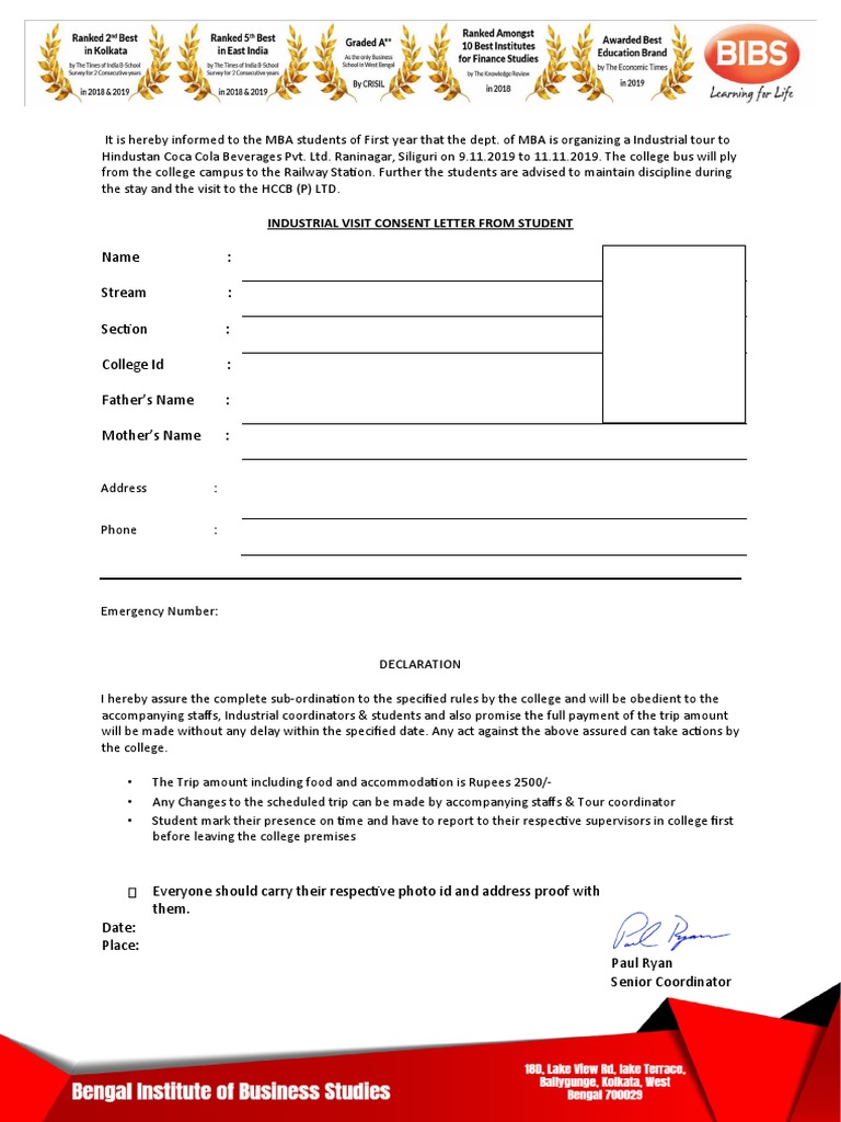 Industrial Visit Consent Letter From Student | PDF