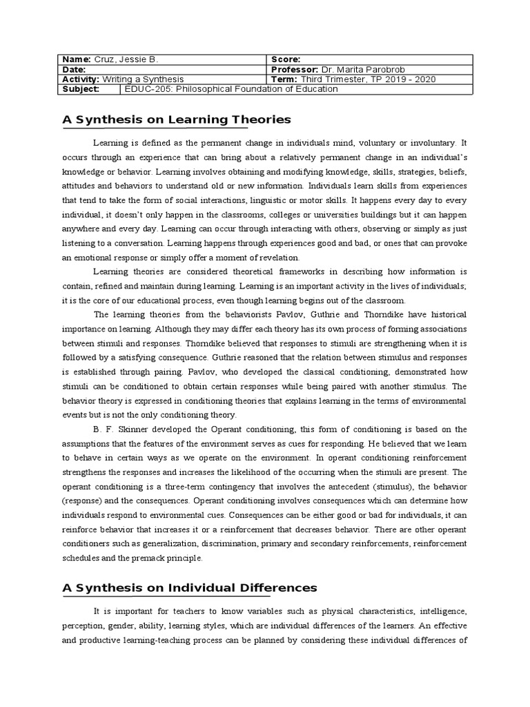 Synthesis On Learning Theories and Individual Differences - Jessie-Cruz ...