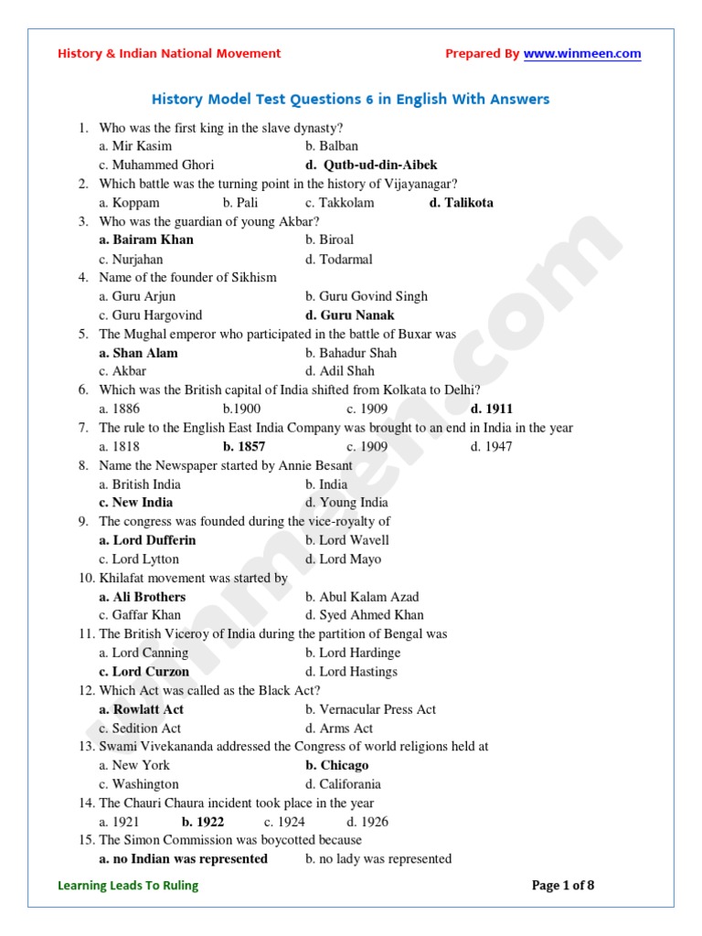 History Model Test Questions 6 in English With Answers: D. Qutb-ud-din ...