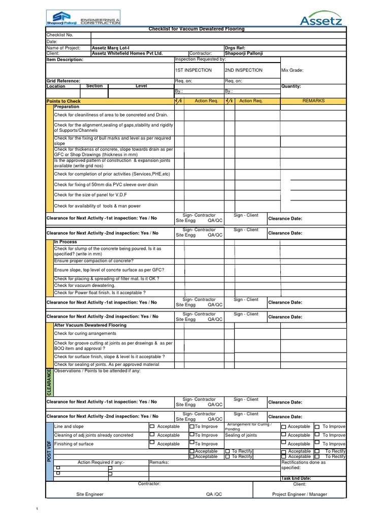 Checklist For VDF Works | PDF | Concrete | Materials