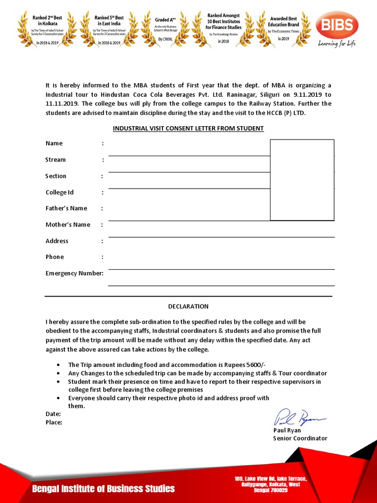 Industrial Visit Consent Letter From Student | PDF