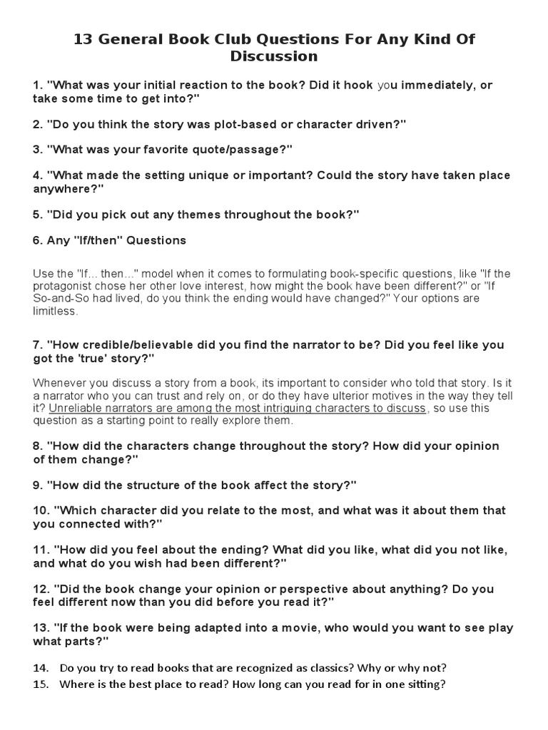 13 General Book Club Questions For Any Kind of Discussion | PDF | Narration