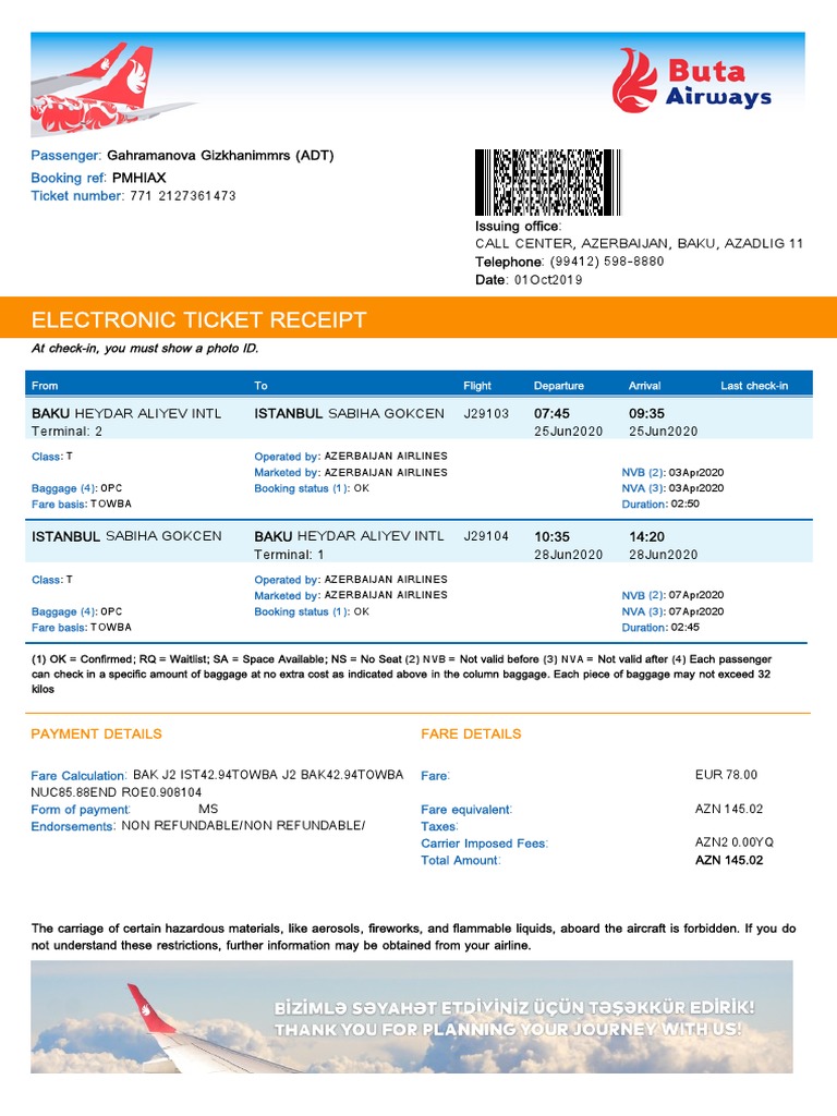 Electronic Ticket Receipt: Passenger Booking Ref Ticket Number | PDF ...