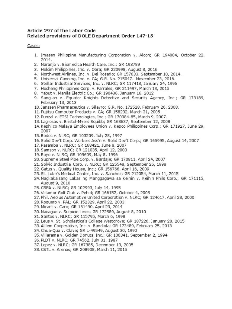 Article 297 of The Labor Code Related Provisions of DOLE Department ...