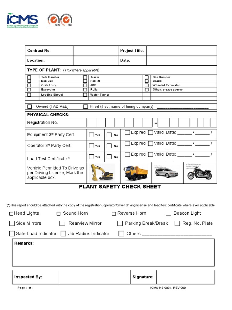 Plant EQUIPMENT Check Sheet | PDF | Driver's License | Road Transport