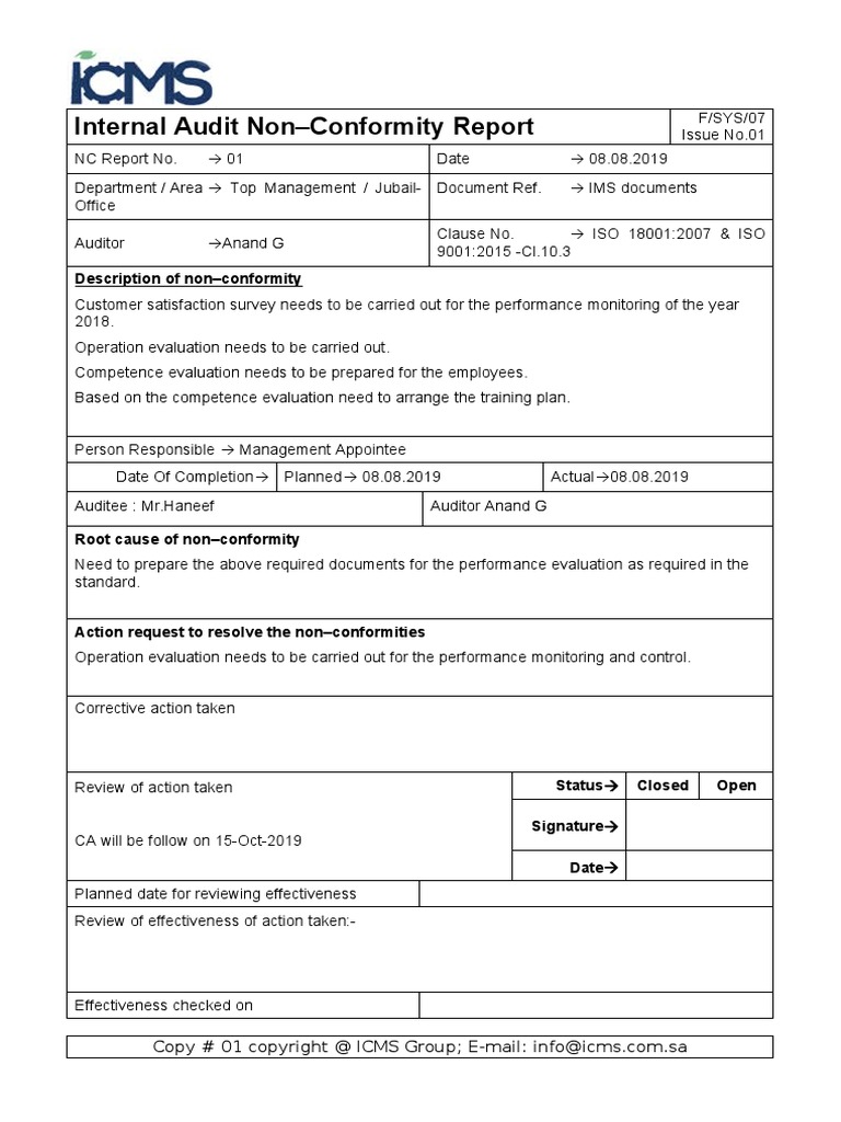Internal Audit Non-Conformity Report | PDF | Internal Audit | Business