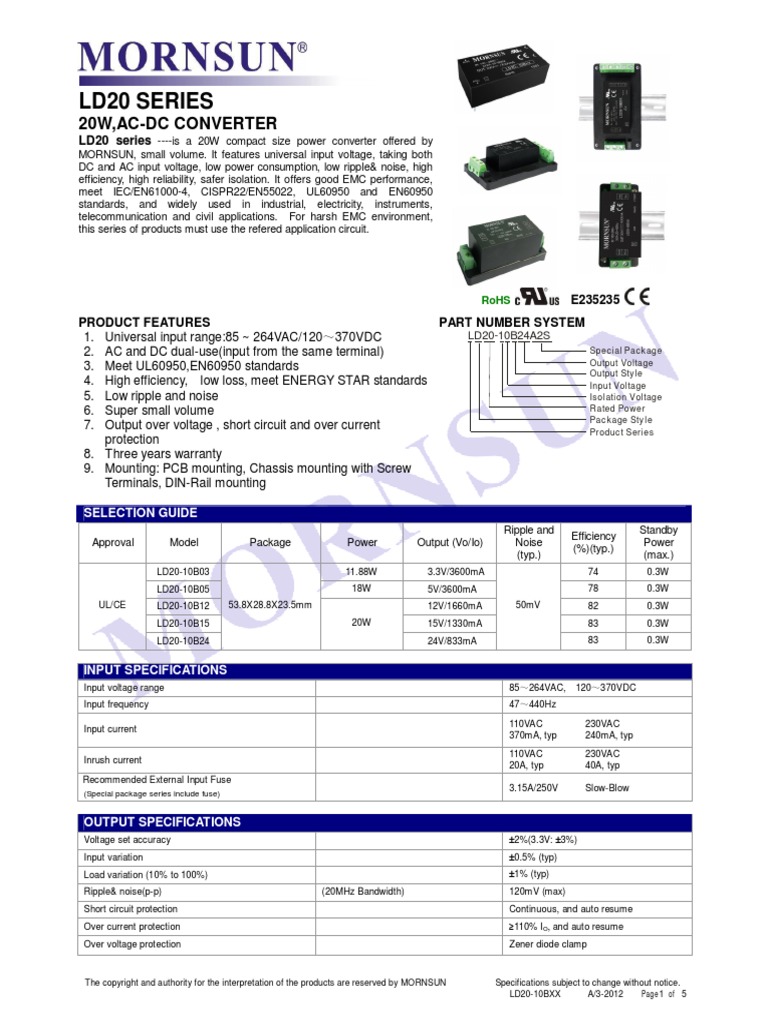 Ld20 Series: 20W, Ac-Dc Converter | PDF | Capacitor | Printed Circuit Board