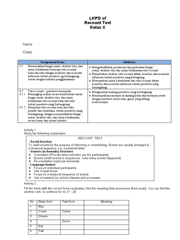 LKPD of Recount Text Kelas X: Name: Class | PDF | Languages | Language ...