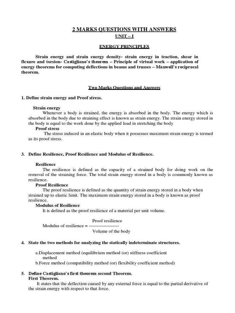 2 Marks Questions With Answers | PDF | Stress (Mechanics) | Beam ...