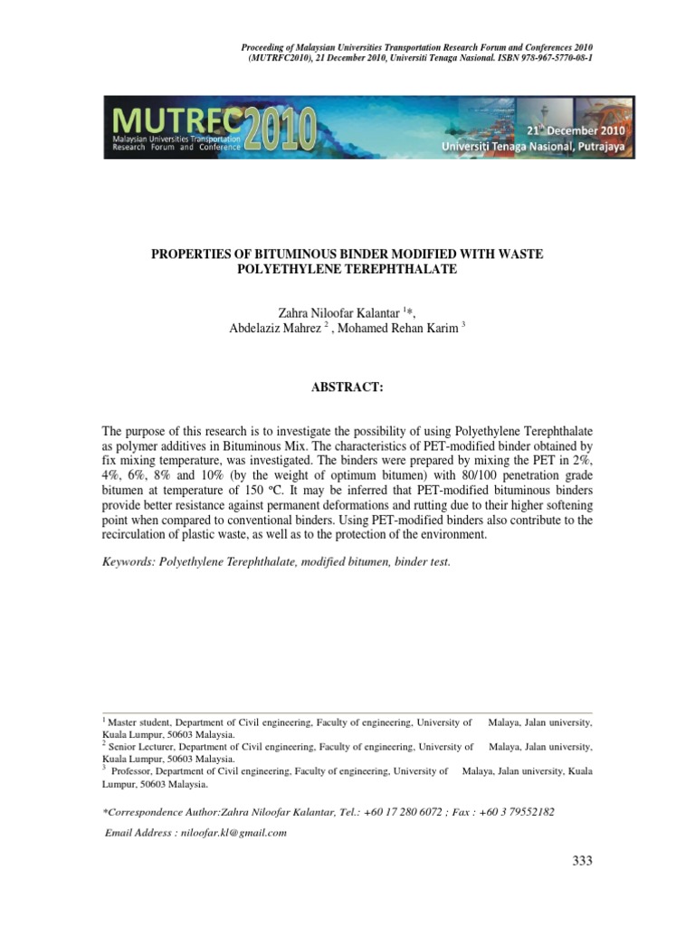 Properties of Bituminous Binder Modified With Waste Polyethylene ...