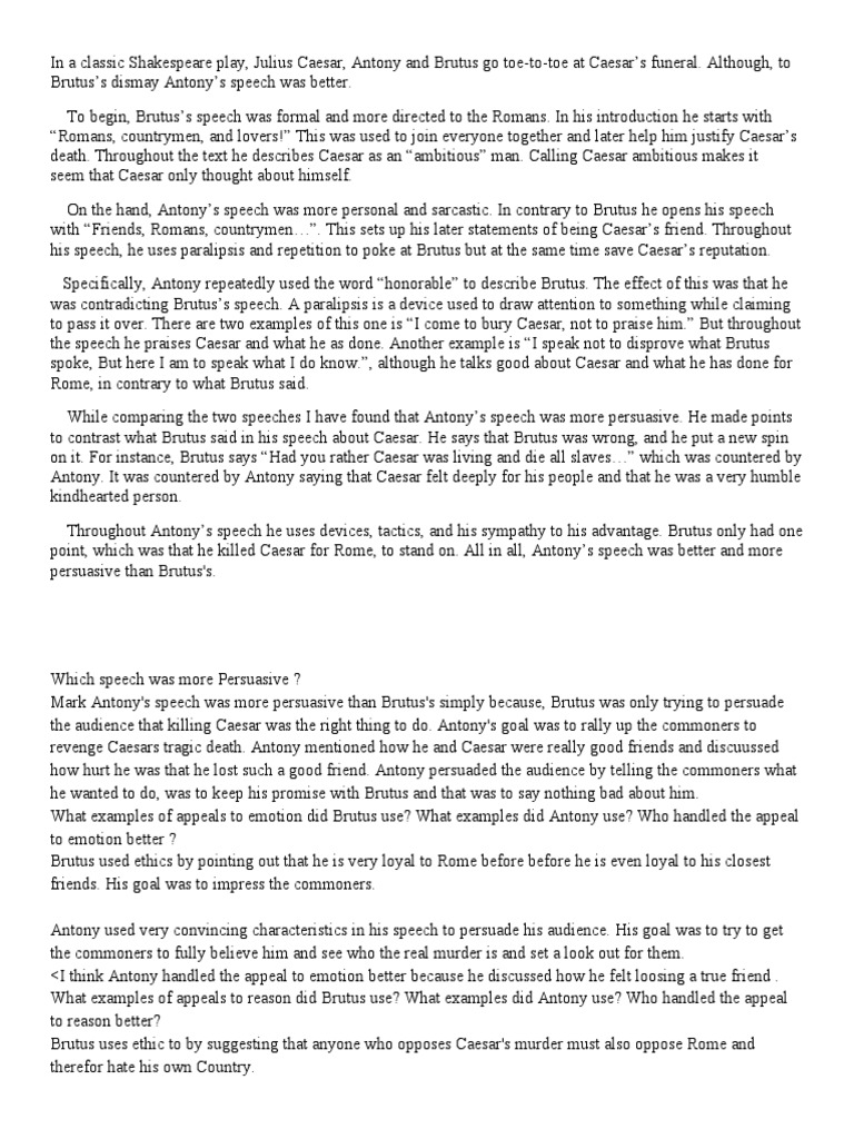 Antony Outmaneuvers Brutus: A Comparison of Persuasive Techniques in ...