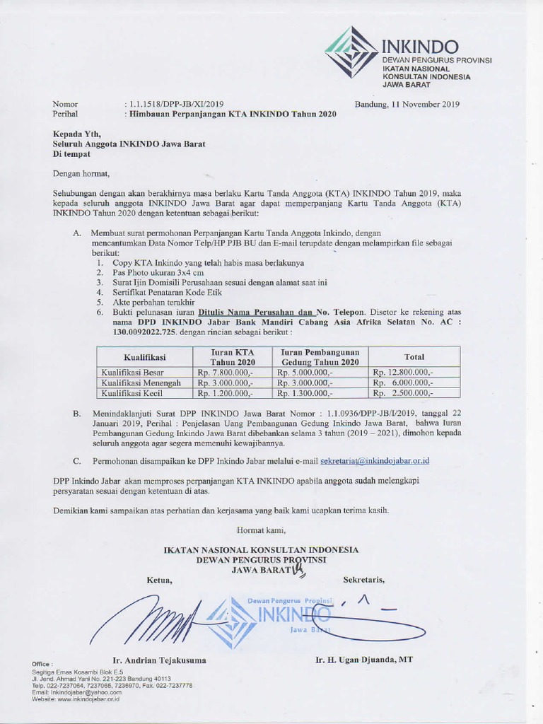 Himbauan Perpanjangan KTA Inkindo Tahun 2020 | PDF