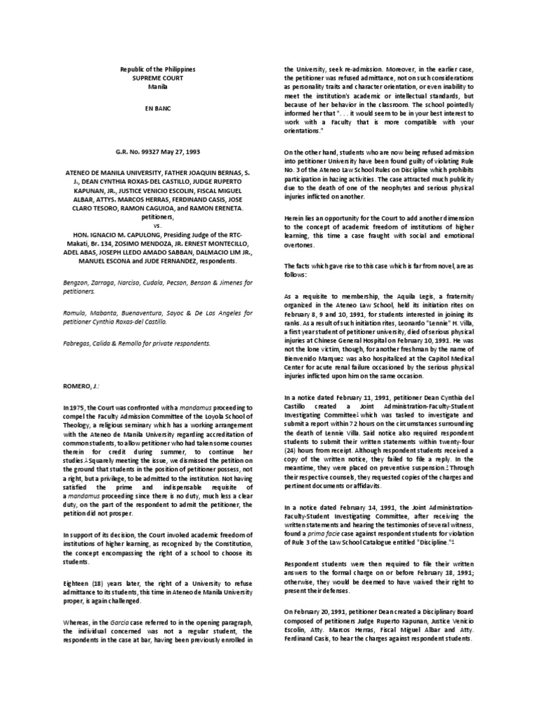 Ateneo vs. Capulong: Admission Rights Case | PDF | Academic Freedom ...