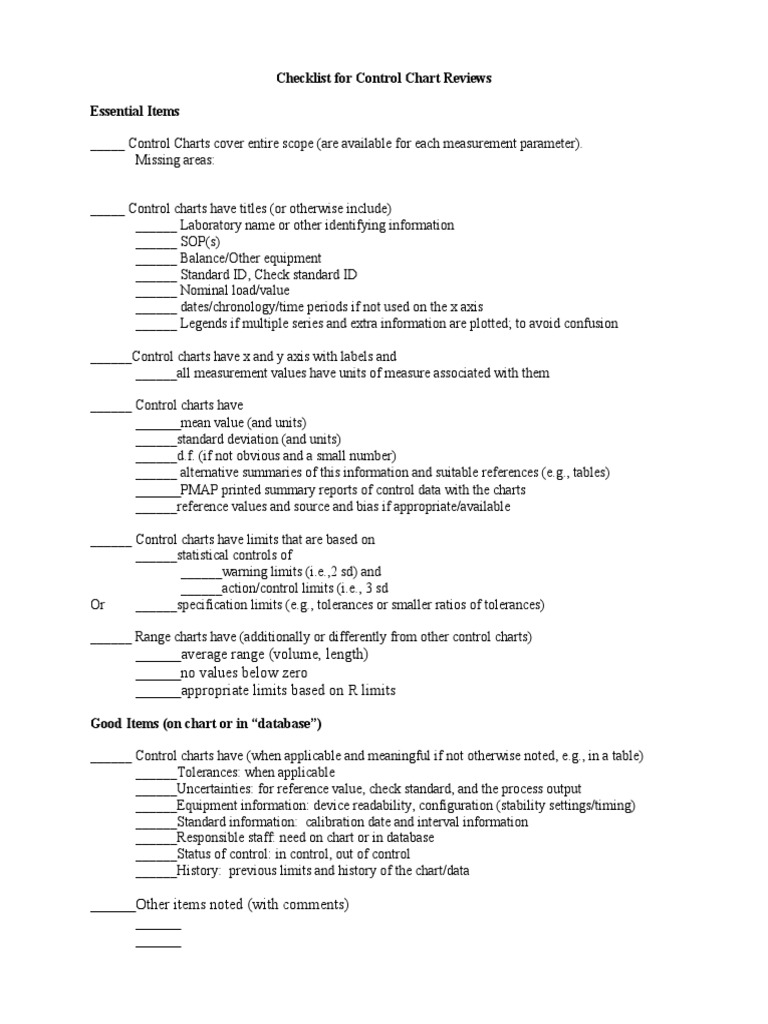 Checklist For Control Chart Reviews Essential Items | PDF