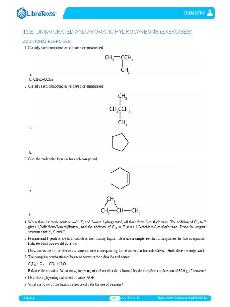 13.E: Unsaturated and Aromatic Hydrocarbons (Exercises) | PDF | Alkene ...