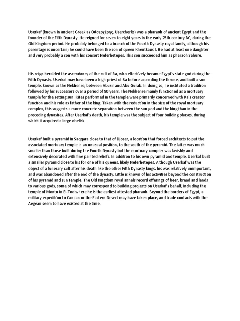 Userkaf | PDF | Ancient Egypt | Religion And Belief
