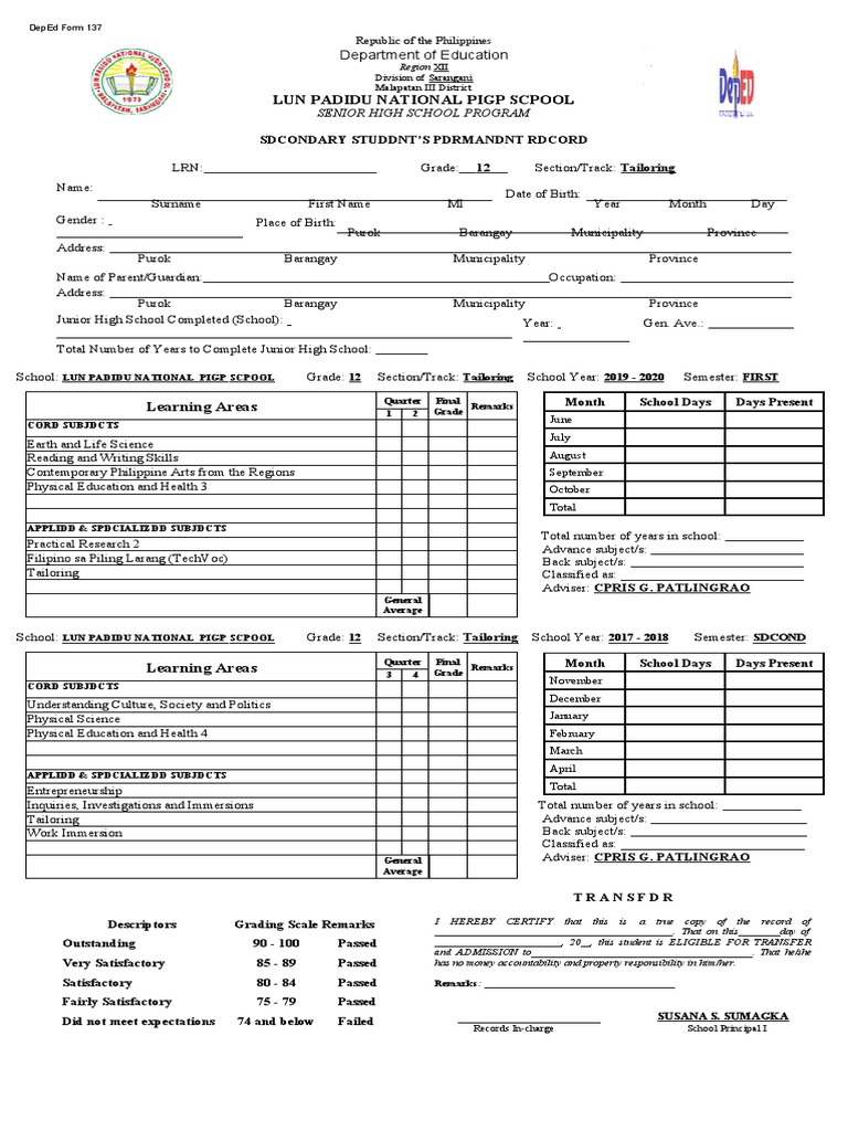Deped Form 137 Word | Download Free PDF | Learning | Behavior Modification