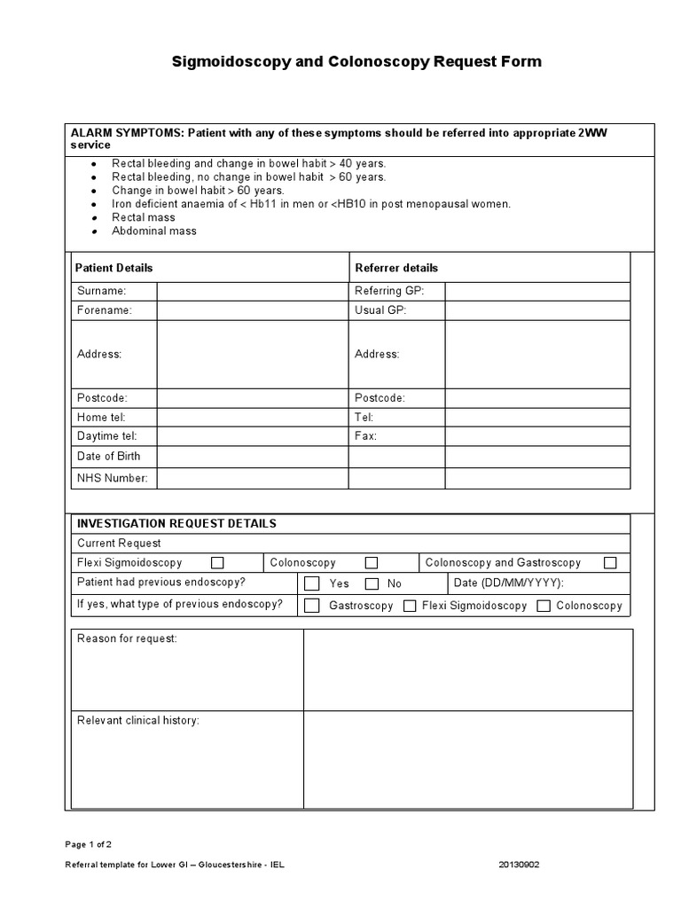 Sigmoidoscopy and Colonoscopy Request Form | PDF | Colonoscopy ...