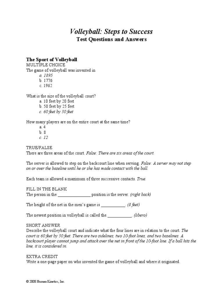 Volleyball: Steps To Success: Test Questions and Answers | PDF ...