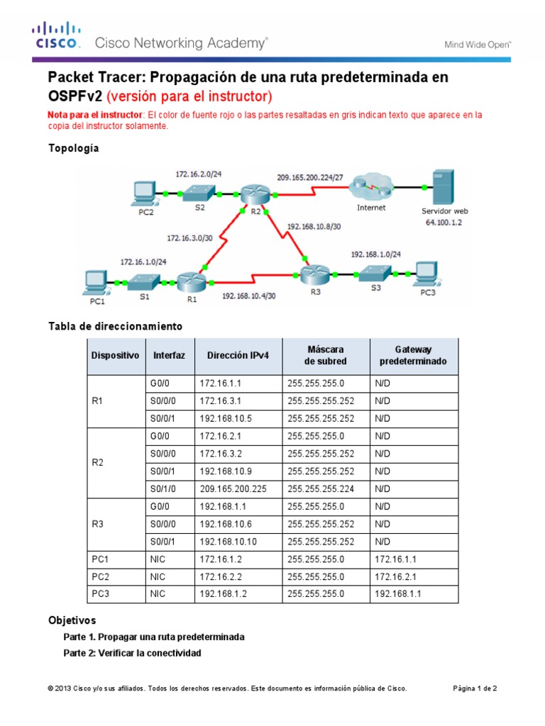10.1.2.5 Packet Tracer - Propagating A Default Route in OSPFv2 Instructions - ILM | PDF ...