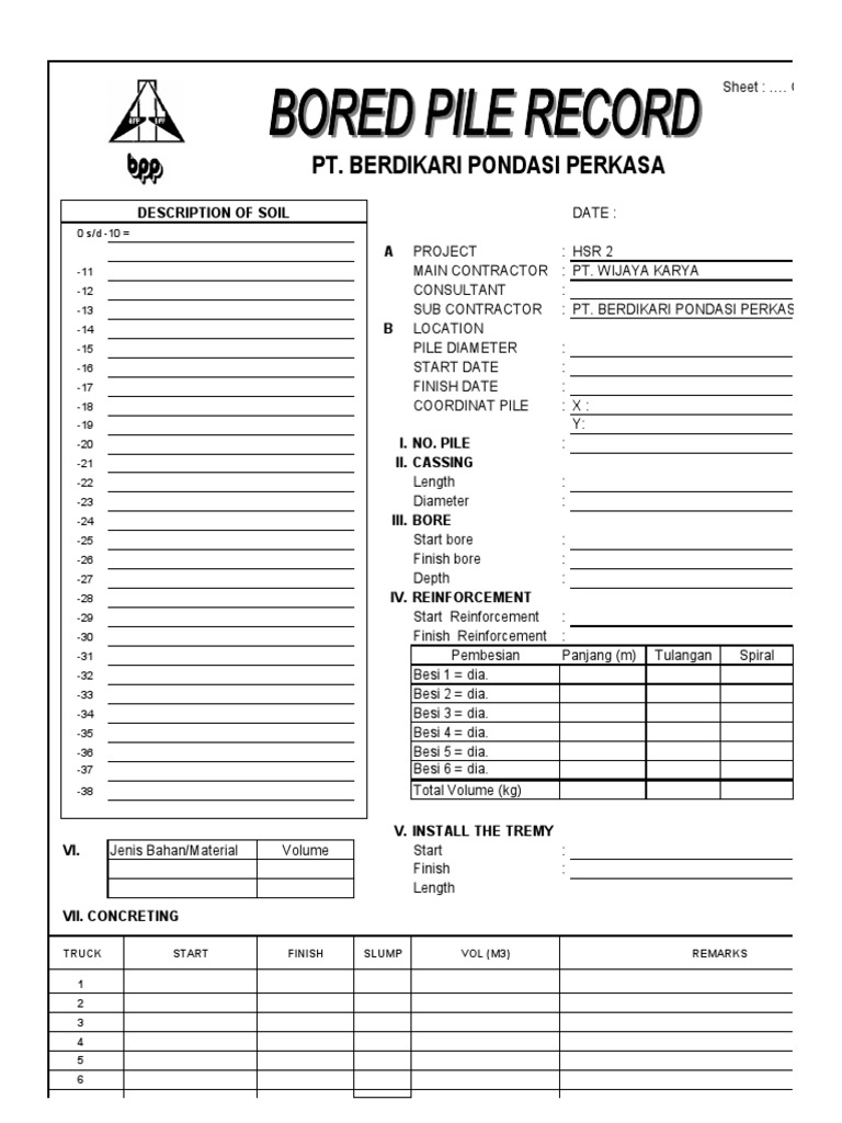 Bore Pile Record PDF | PDF
