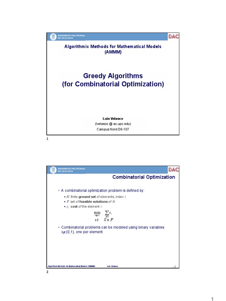 Greedy Algorithms For Combinatorial Optimization Algorithmic Methods For Mathematical Models
