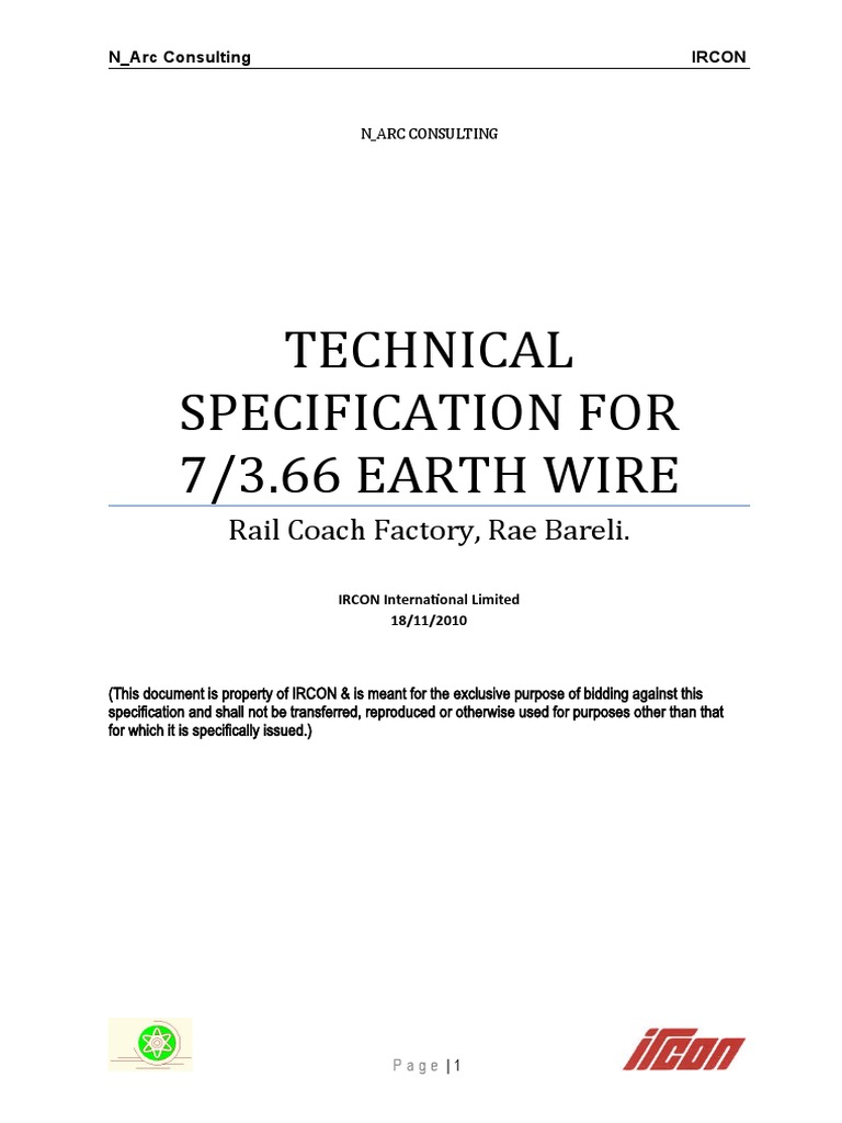 Technical Specification For 7/3.66 EARTH WIRE: Rail Coach Factory, Rae ...