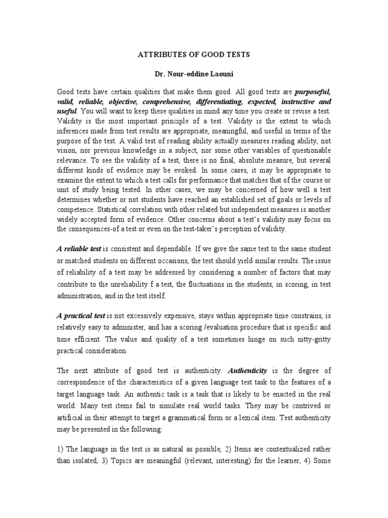 Attributes of Good Tests Dr. Nour-Eddine Laouni | PDF | Validity ...