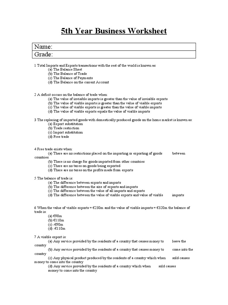 5th Year Business Worksheet: Name: Grade | PDF | Imports | Balance Of Trade