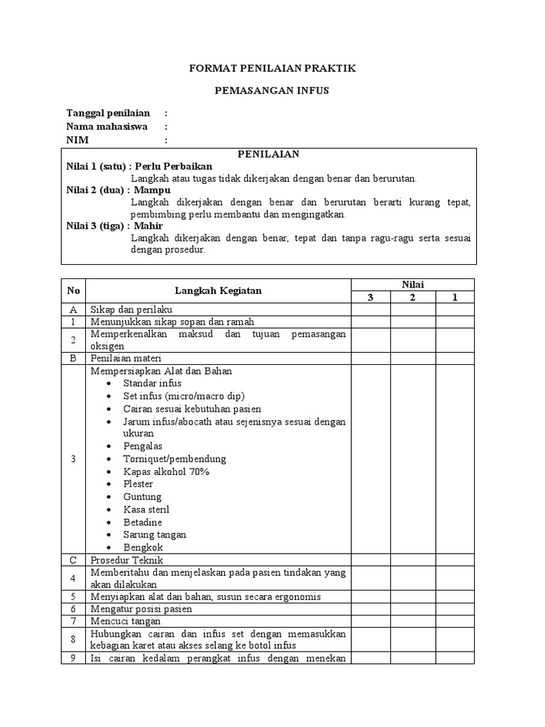 Format Penilaian Praktik Infus | PDF
