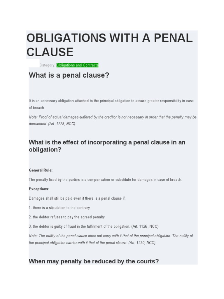 Obligations With A Penal Clause | PDF | Damages | Indemnity