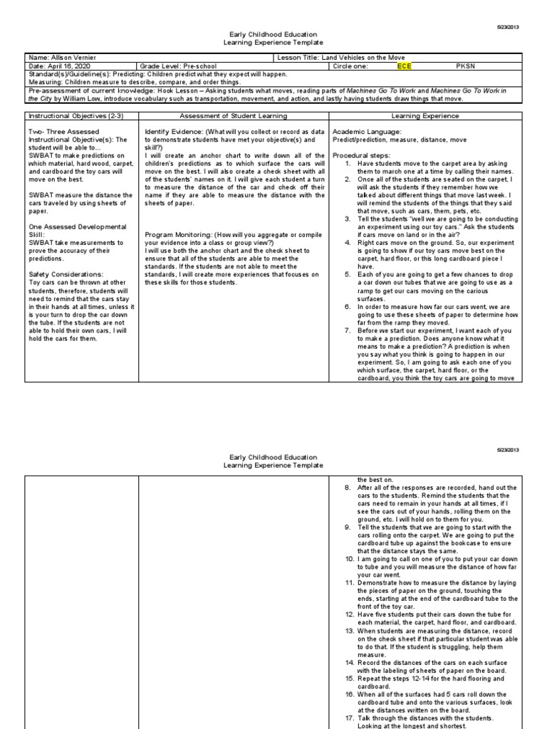 Vehicle Movement Lesson Plan | PDF | Early Childhood Education | Experiment