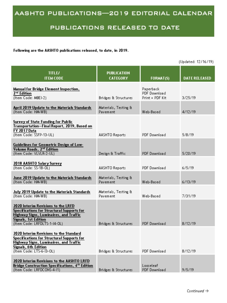 Aashto Publications-2019 Editorial Calendar Publications Released To ...