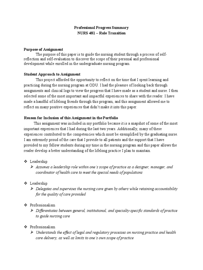 Professional Progress Summary Introduction 01068804 | PDF | Nursing ...