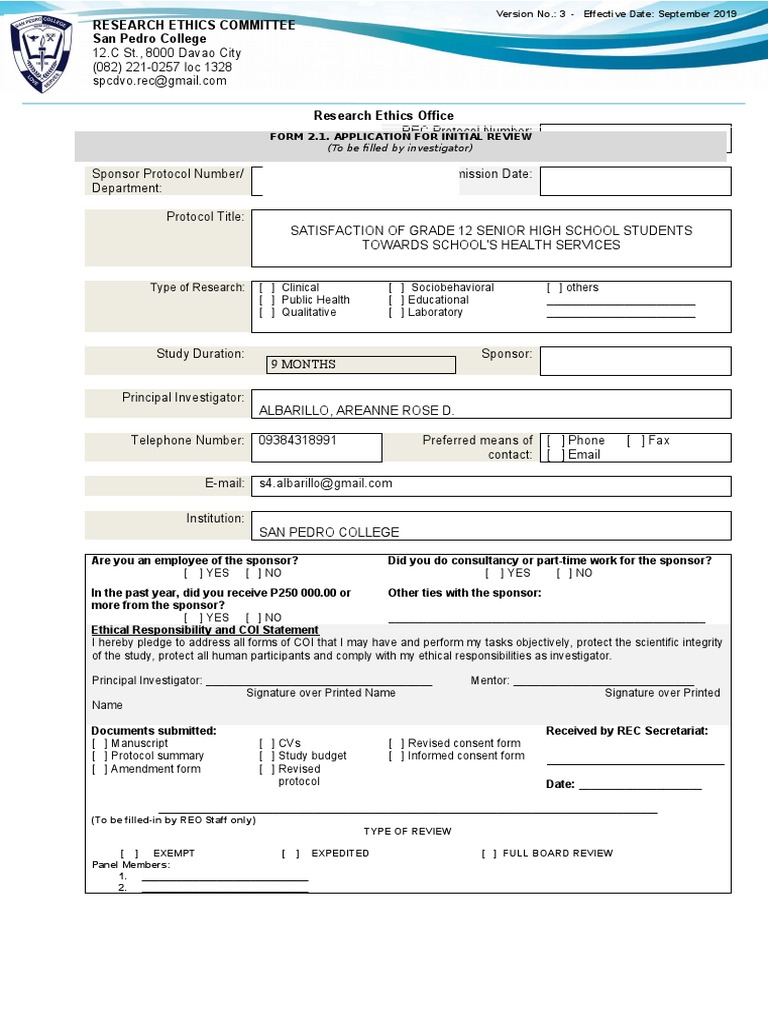 2.1 Application For Initial Review | PDF | Institutional Review Board ...