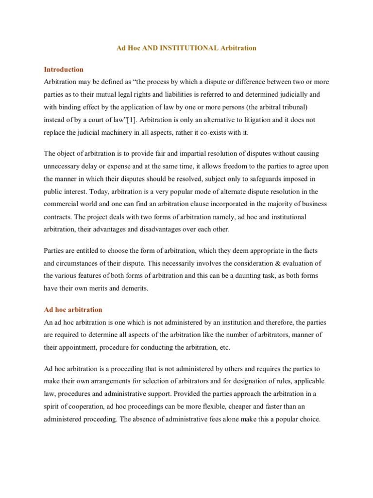 Ad Hoc and Institutional Arbitration | PDF | Arbitration | Arbitral ...