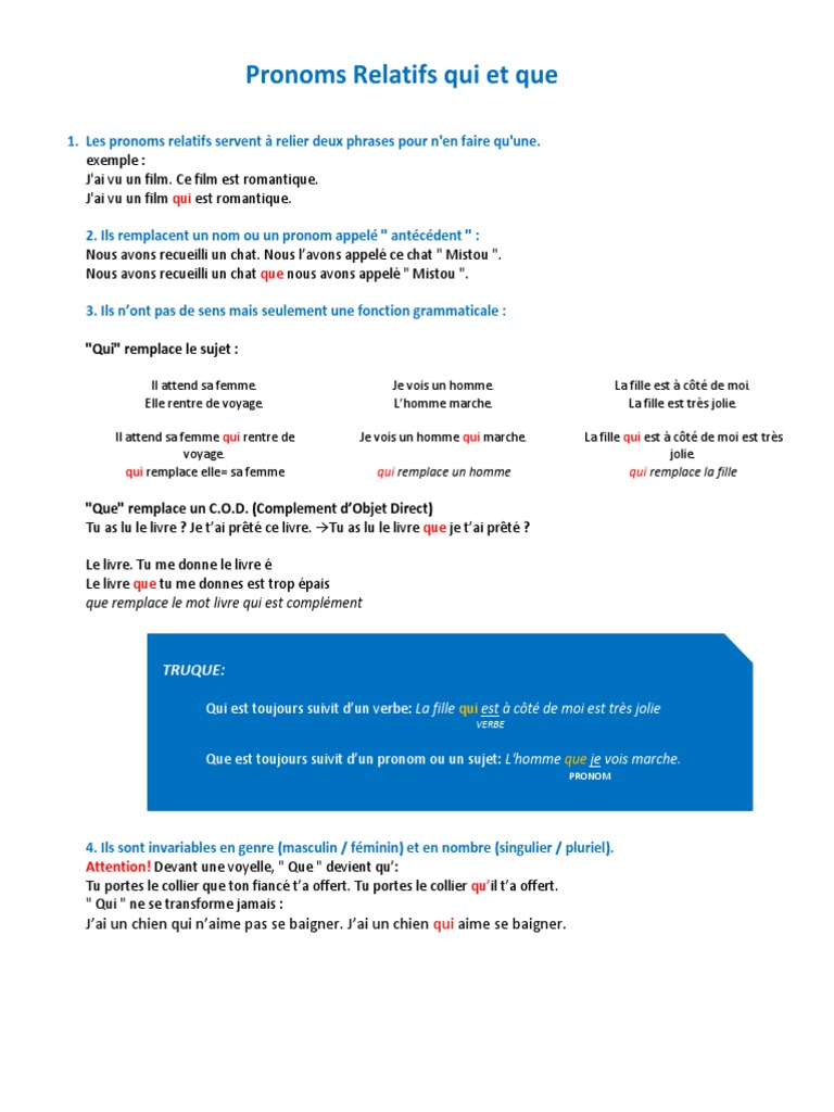 Pronoms relatifs : qui et que expliqués | PDF | Genre grammatical | Pronom
