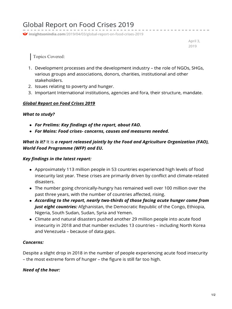 Global Report On Food Crises 2019 | PDF | Food And Agriculture ...