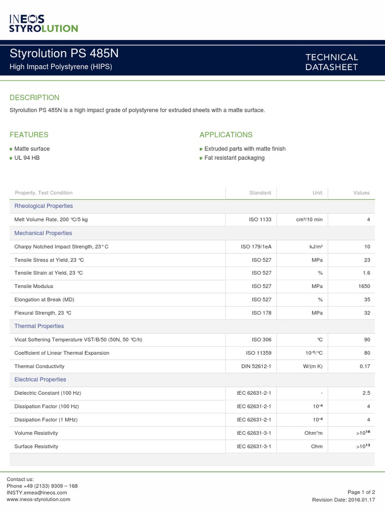 Styrolution PS 485N: High Impact Polystyrene (HIPS) | PDF | Polystyrene ...