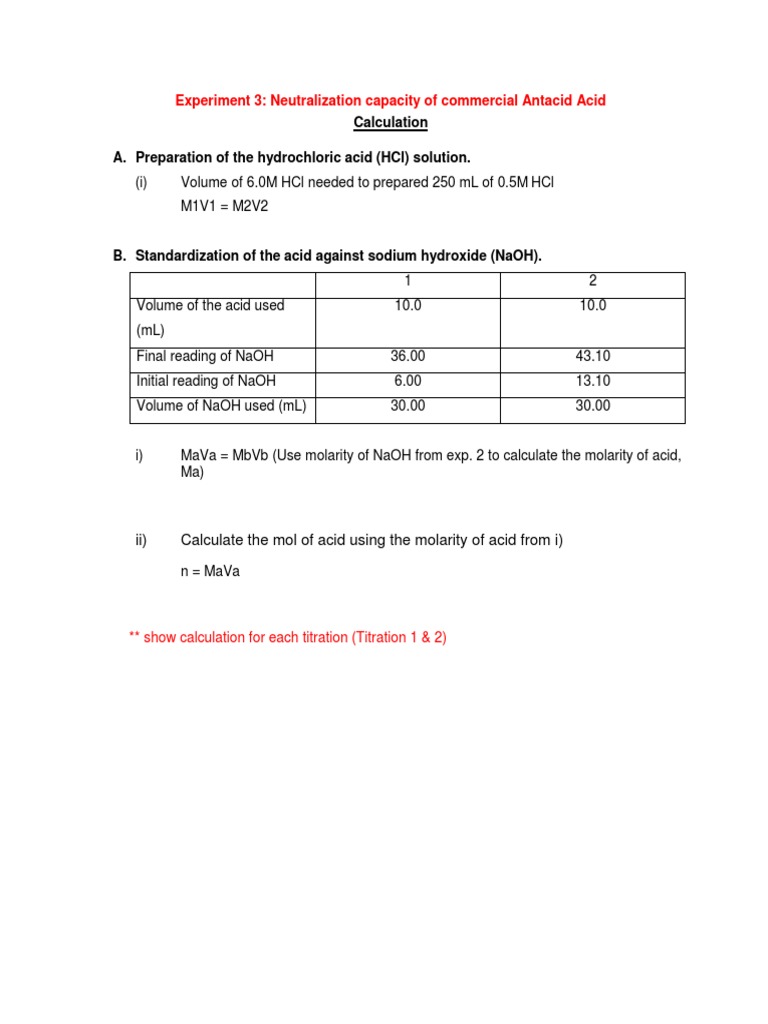 Calculation A. Preparation of The Hydrochloric Acid (HCL) Solution ...