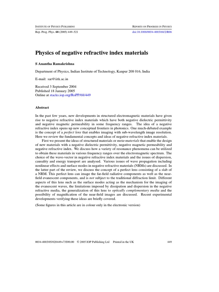 Physics of Negative Refractive Index Materials: S Anantha Ramakrishna | Download Free PDF ...