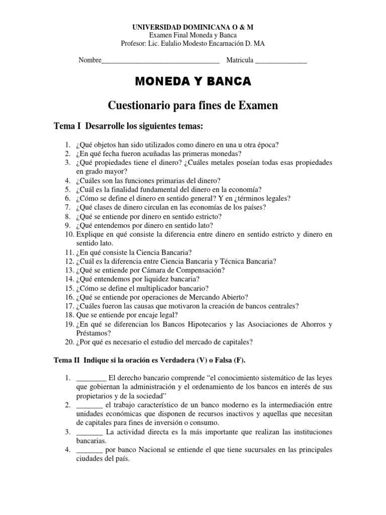 Examen Final: Moneda y Banca | PDF | Bancos centrales | Bancos