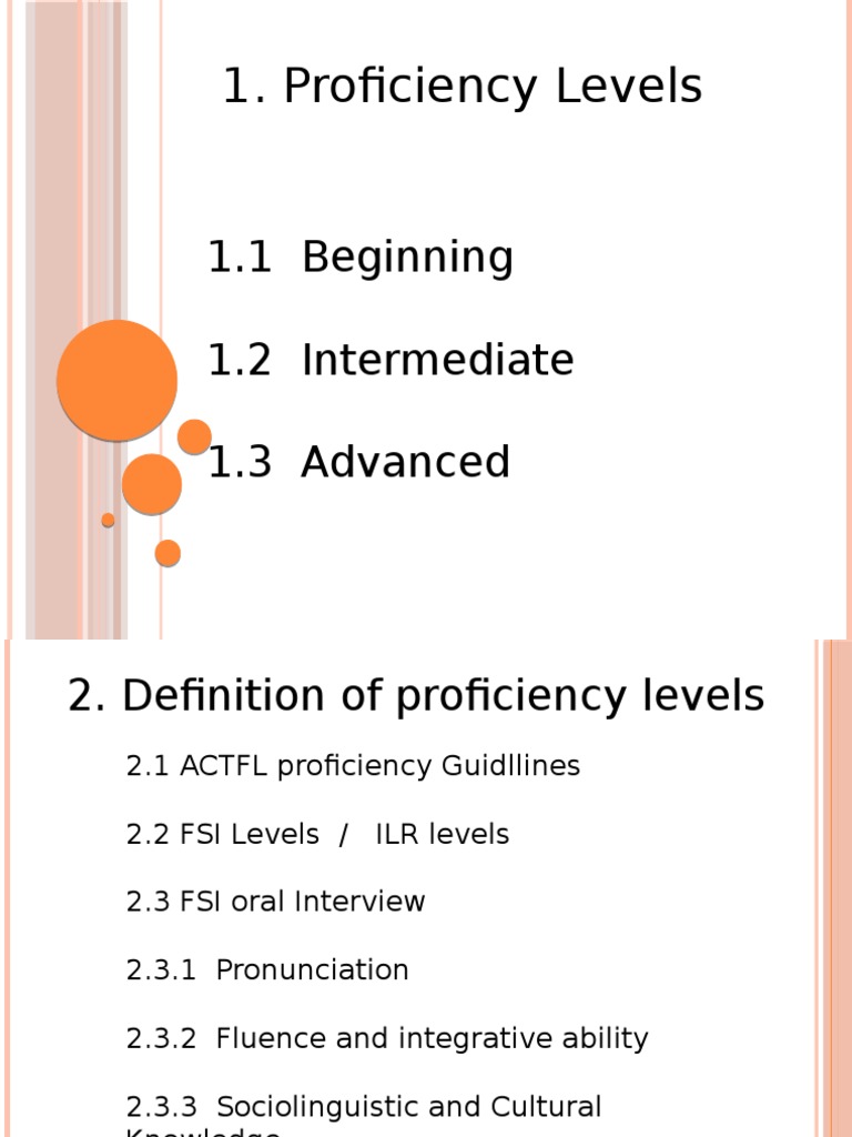 Proficiency Levels: 1.1 Beginning 1.2 Intermediate 1.3 Advanced | PDF ...
