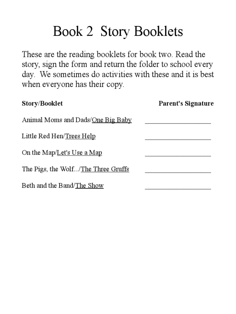 Book 2 Story Booklets: Story/Booklet Parent's Signature | PDF