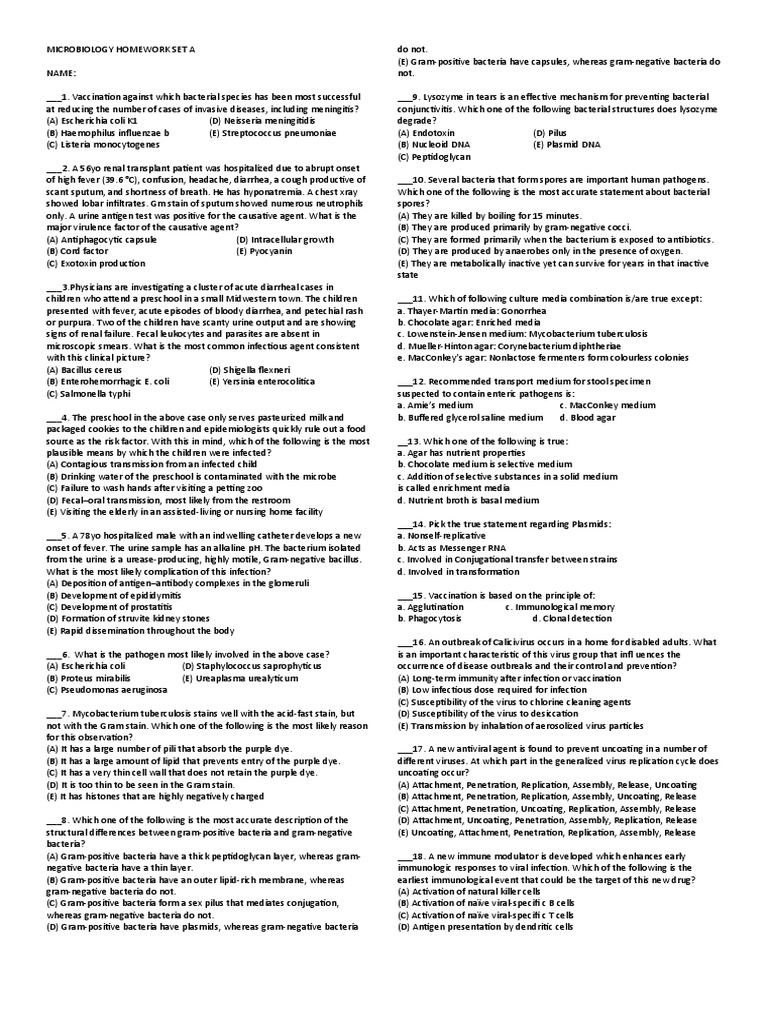 MICROBIOLOGY HOMEWORK SET A-Questions | PDF | Gram Positive Bacteria ...