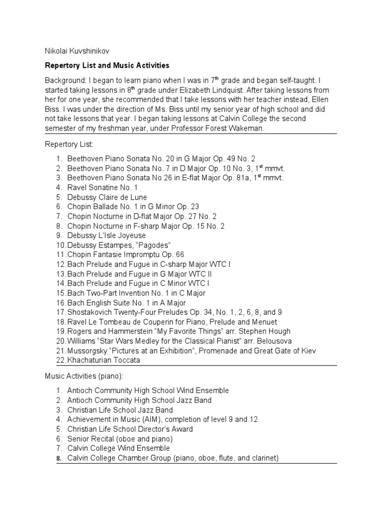 Repertory List and Music Activities: TH TH | PDF