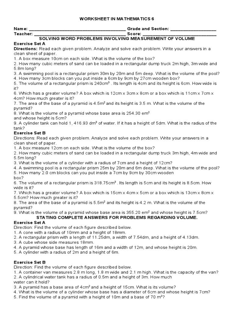 Volume Measurement Word Problems | PDF | Volume | Geometry